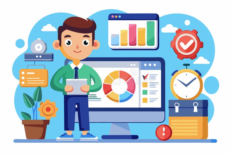 A Cartoon Character Stands in Front of a Computer, Analyzing Graphs and ...