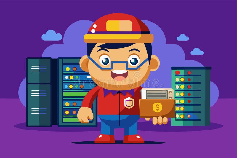 A Cartoon Character Stands Holding a Folder in Front of a Server in ...