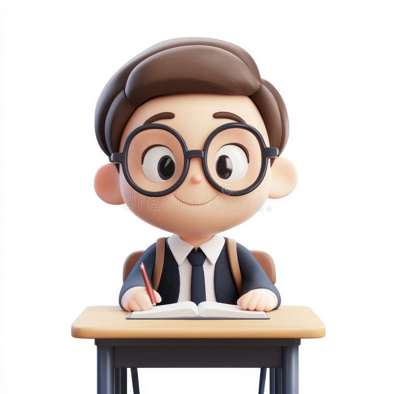 Cartoon Character Studying at a Classroom Desk with a Notebook and ...