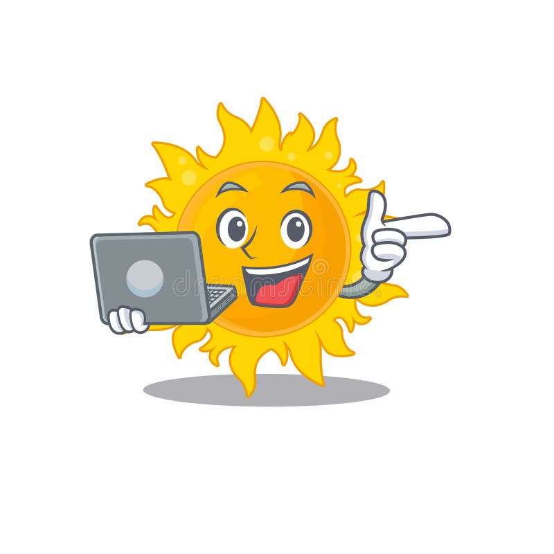 Cartoon Character of Summer Sun Clever Student Studying with a Laptop ...