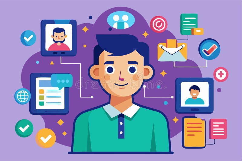 A Cartoon Character Surrounded by Icons Symbolizes Digital ...