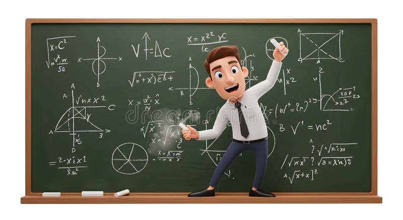Cartoon Character Teaching Math on Chalkboard with Equations ...