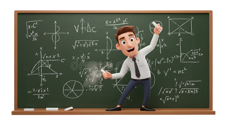 Cartoon Character Teaching Math on Chalkboard with Equations ...
