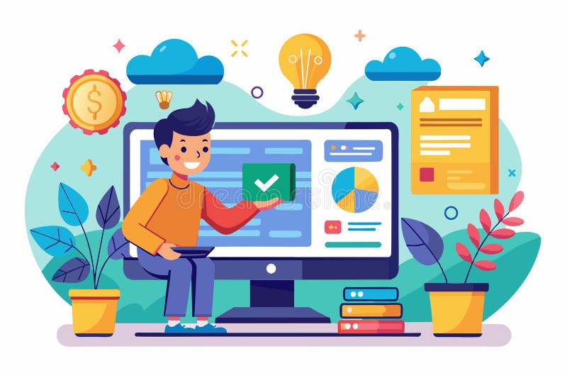 A Cartoon Character Uses a Computer To Manage Customizable Online ...