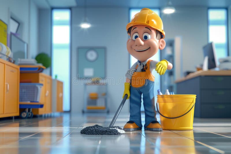 A Cartoon Character Using a Mop To Clean the Floor, Useful for ...