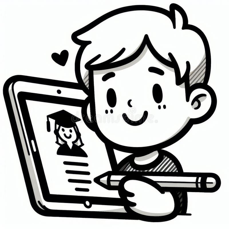 Cartoon Character Using Tablet with Stylus for Online Lesson. Simple ...