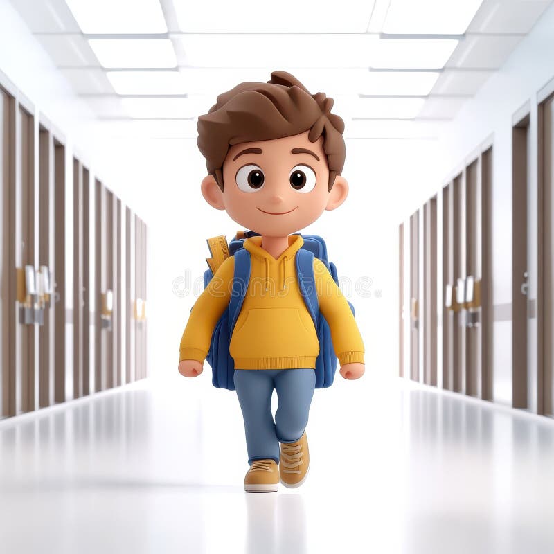 Cartoon Character Walking through a School Hallway with a Backpack ...