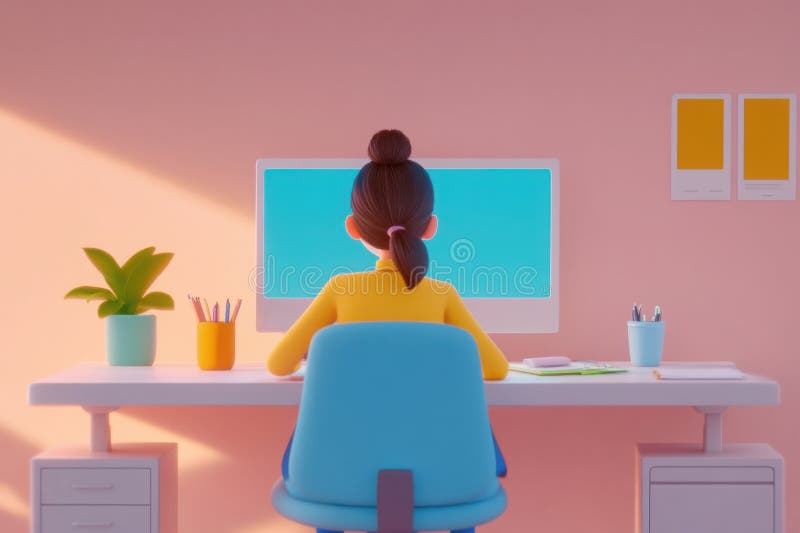 Cartoon Character Working at Desk with Computer and Office Items ...