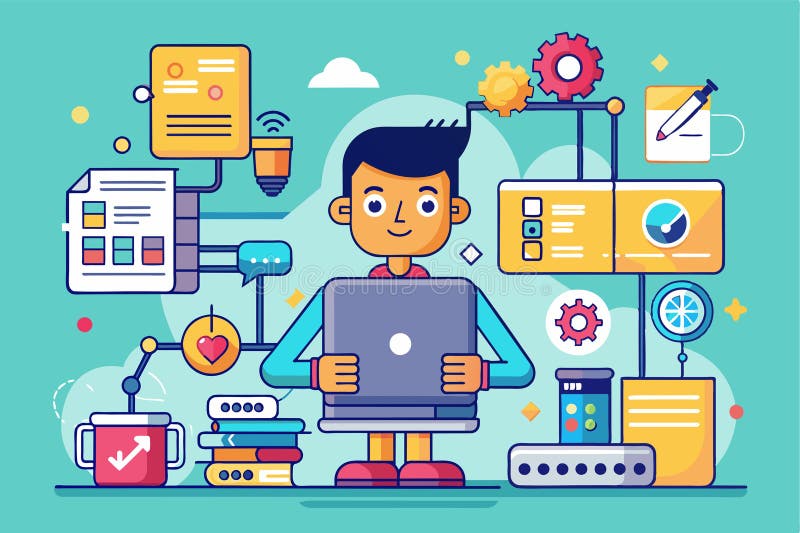 A Cartoon Character Works on a Laptop Surrounded by Various Prototyping ...