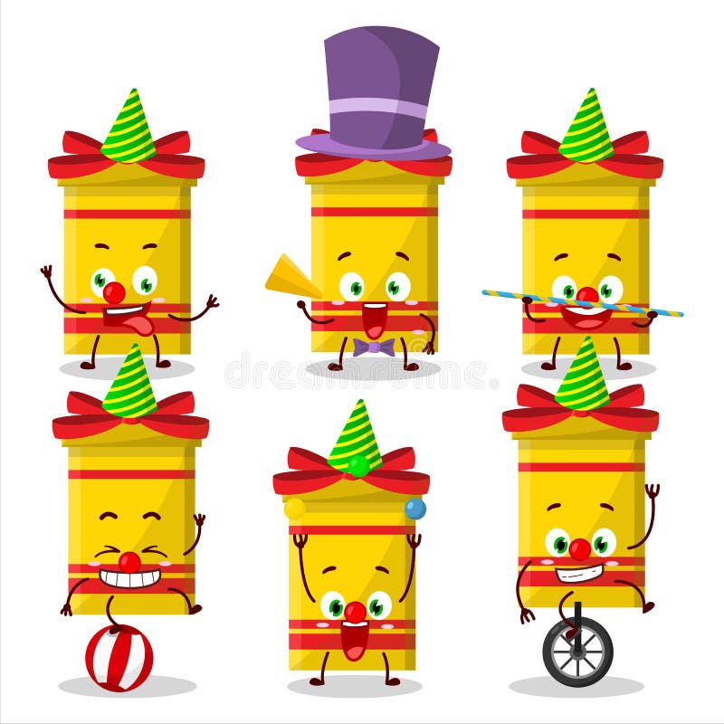 Cartoon Character of Yellow Long Gift Box with Various Circus Shows ...
