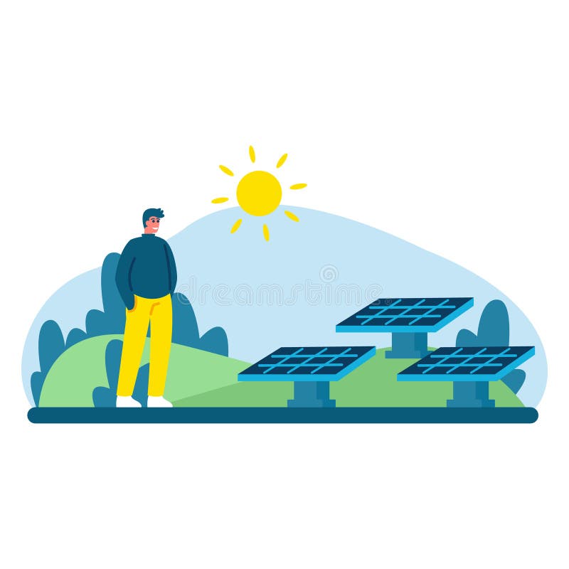 Cartoon Character of Young Man Looking at Solar Panel Stock Vector ...