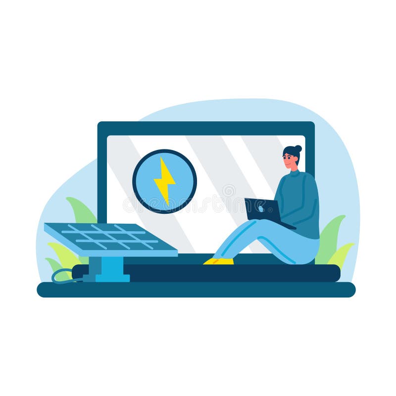 Cartoon Character of Young Woman Using Solar Panel As Source of Energy ...