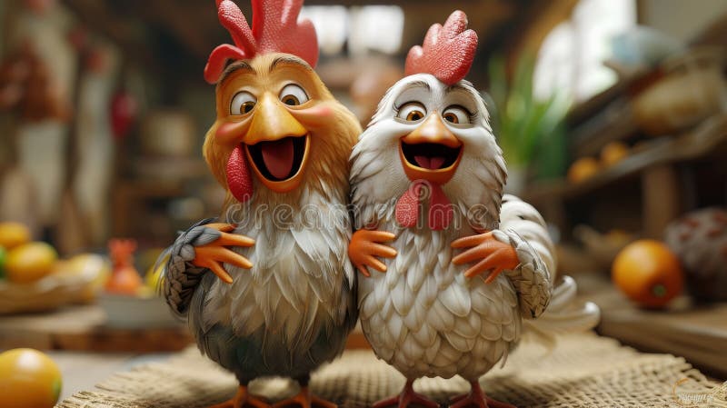 Cartoon Characters of a Chicken and a Rooster. 3d Illustration Stock ...