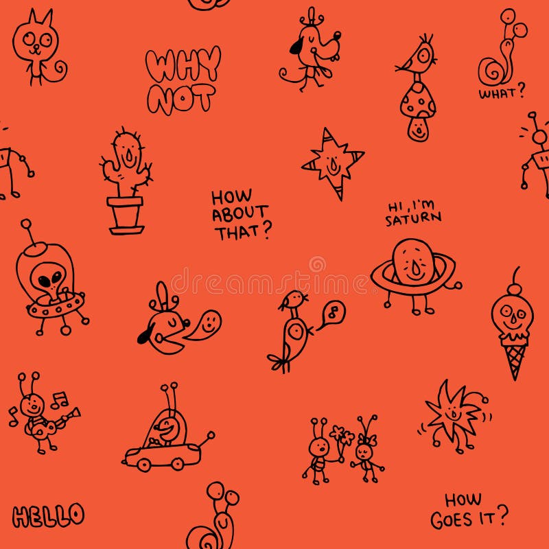 Cartoon Characters Doodle Seamless Pattern Stock Vector - Illustration ...