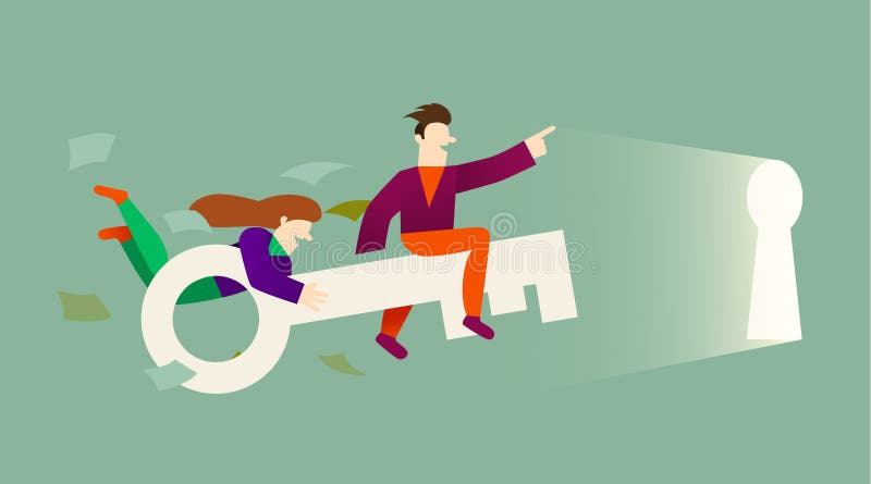 Cartoon Characters Fly on Key into the Keyhole. Teamwork Stock Vector ...