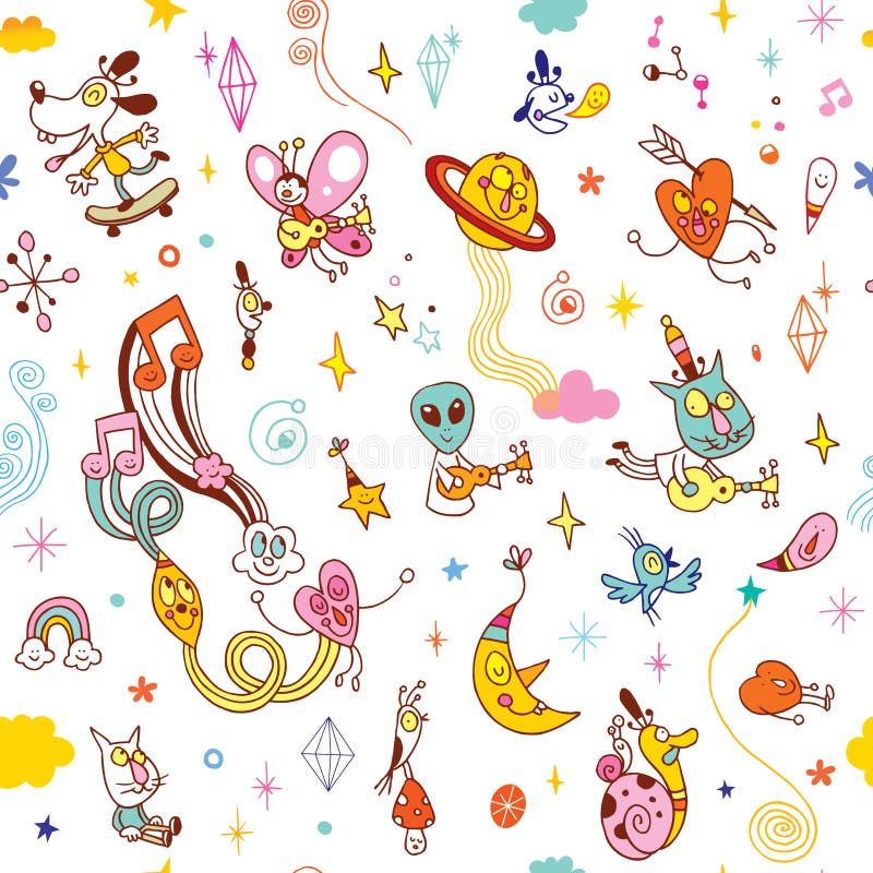 Cartoon Characters Fun Seamless Pattern Stock Vector - Illustration of ...