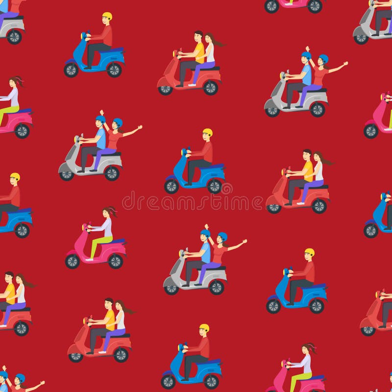 Cartoon Characters Group of People Riding Motorcycle Seamless Pattern ...
