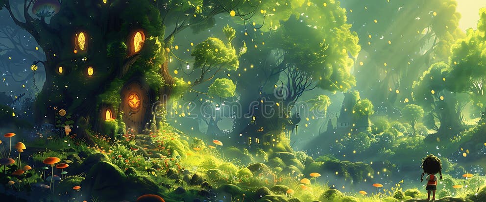 Cartoon Characters in a Magic Forest Stock Illustration - Illustration ...