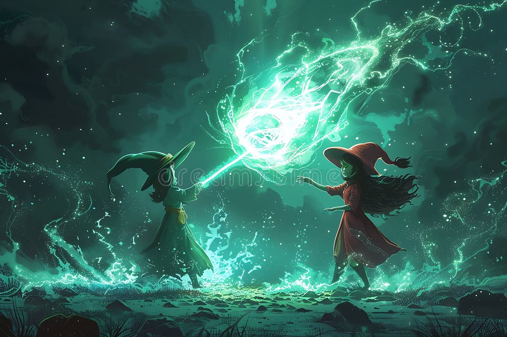 Cartoon Characters in a Magic Spellcasting Duel Stock Illustration ...