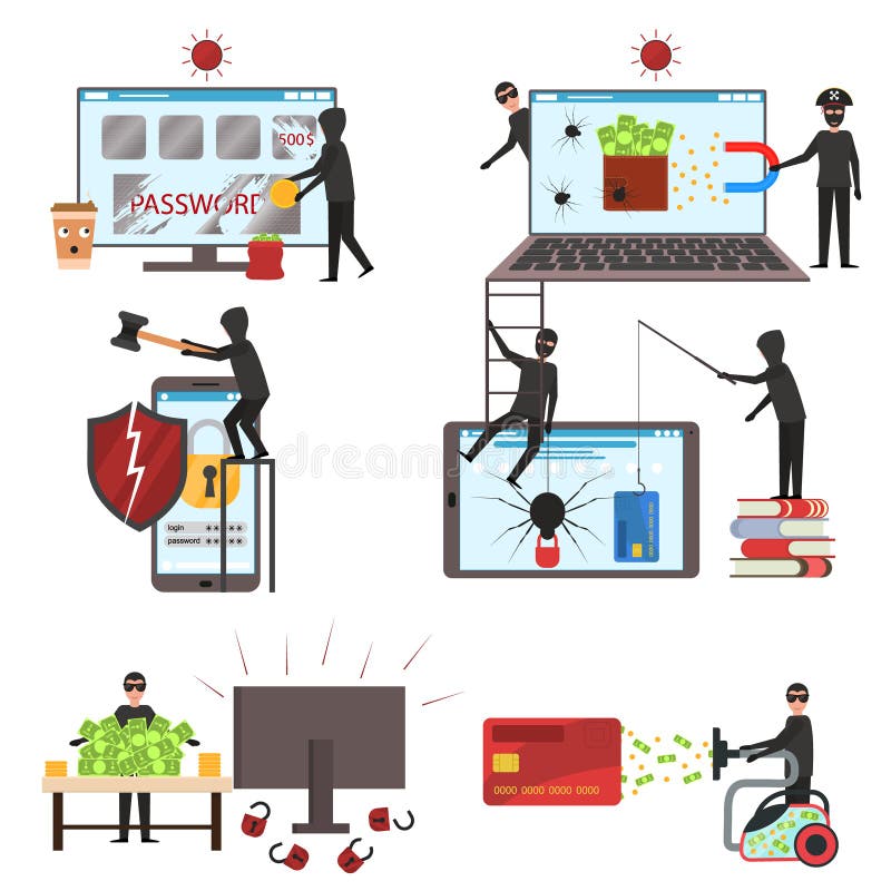 Cartoon Hackers Concept. Criminal Person In Black Clothes Stealing ...