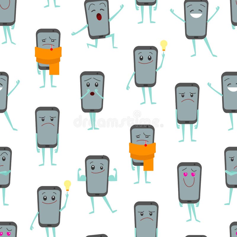 Cartoon Characters Smartphones Seamless Pattern Background. Vector ...