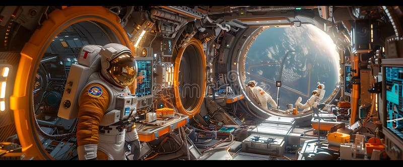 Cartoon Characters in a Space Station Exploration Stock Illustration ...