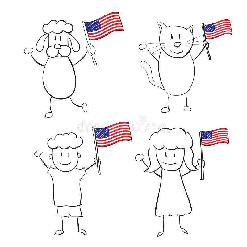 Cartoon Characters with US Flag Stock Vector - Illustration of honor ...