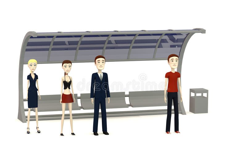 Cartoon Characters Waiting on Bus Stop Stock Illustration ...