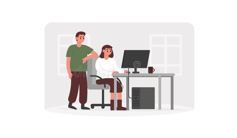 Cartoon Characters of Young People Working on Computer Together Stock ...