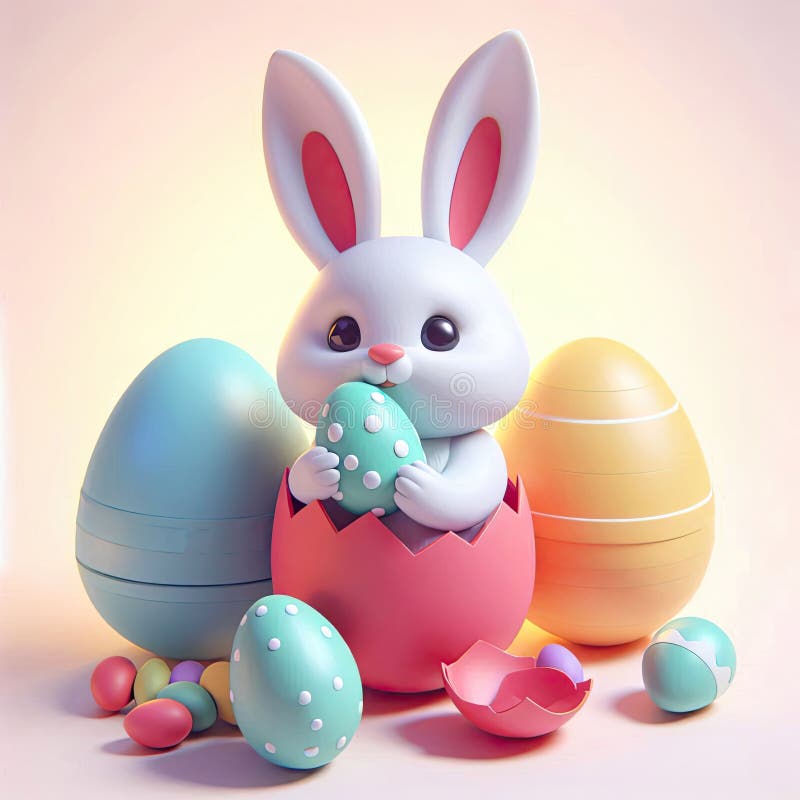 Cartoon Cheerful Easter Bunny with Colorful Easter Eggs and Spring ...