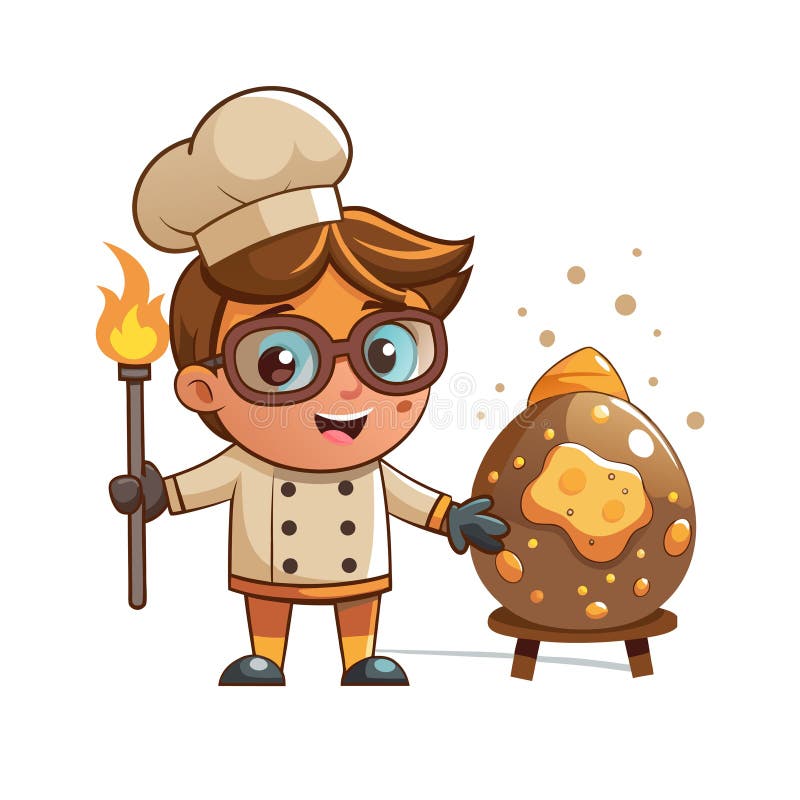 Cartoon Chef Boy Holding Torch Next To Chocolate Easter Egg on Stand ...