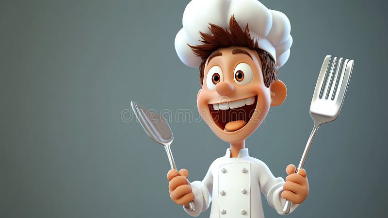 Cartoon Chef Character Holding a Fork and Spoon. Happy Expression Stock ...