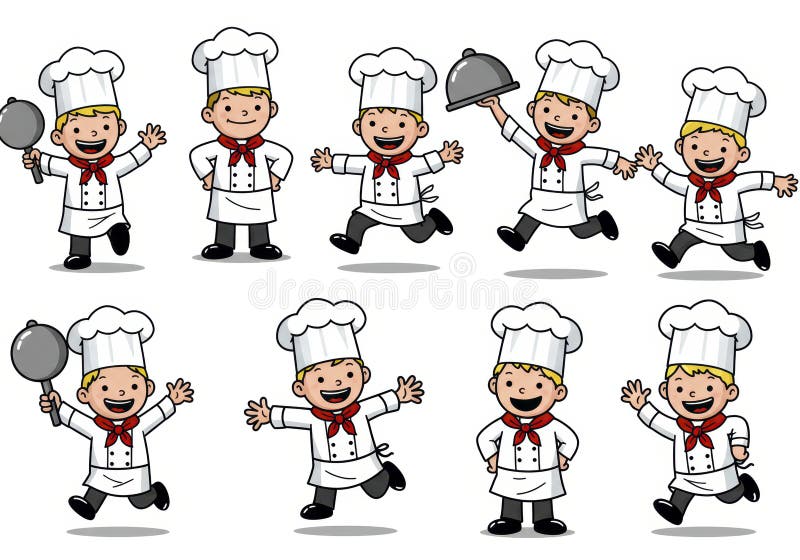 Cartoon Chef Characters in Various Poses on White Background Stock ...