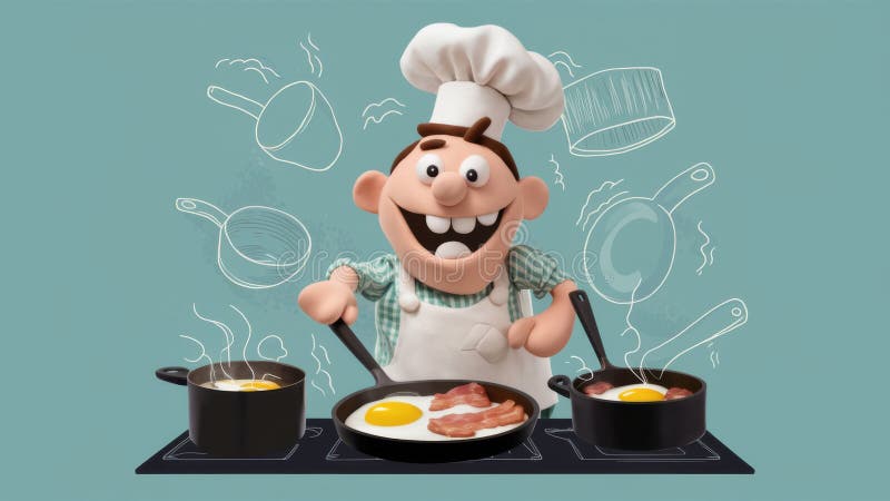 A Cartoon Chef Cooking Eggs and Bacon in a Pan, AI Stock Illustration ...
