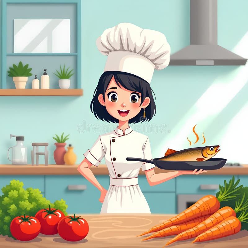 Cartoon Chef Cooking Fish Recipe in Kitchen with Vegetables ...
