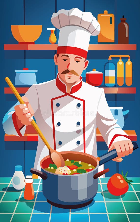 Cartoon Chef Cooking in Kitchen- Stock Vector - Illustration of healthy ...