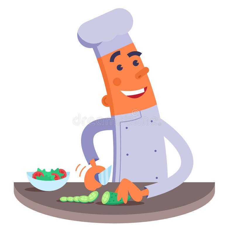 Cartoon Chef Cuts the Vegetables for Salad Stock Vector - Illustration ...