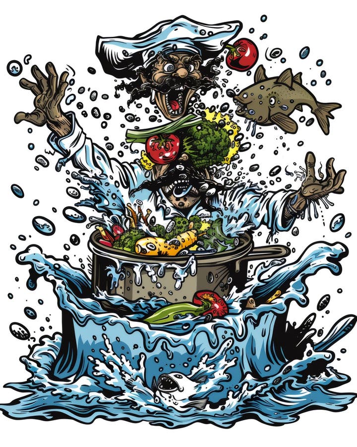 Cartoon Chef Drowning in Boiling Pot, Surrounded by Chaotic Vegetables ...