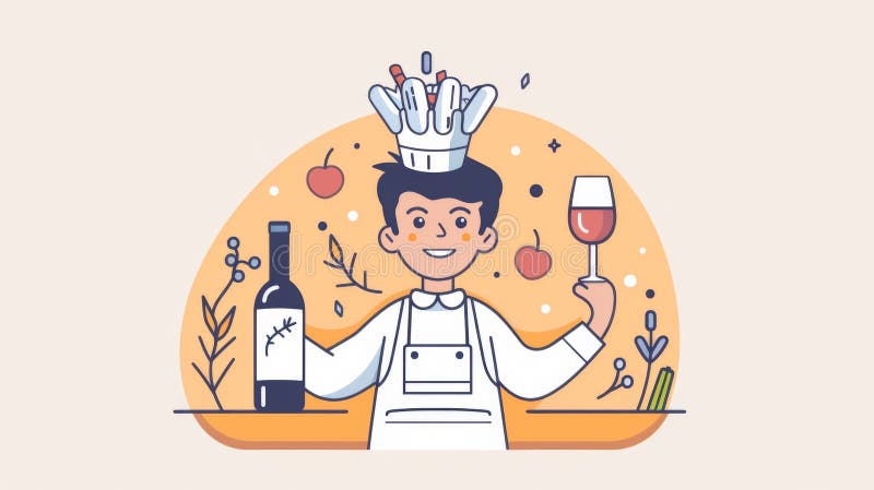 A Cartoon Chef Holding a Glass of Wine and a Bottle, AI Stock ...