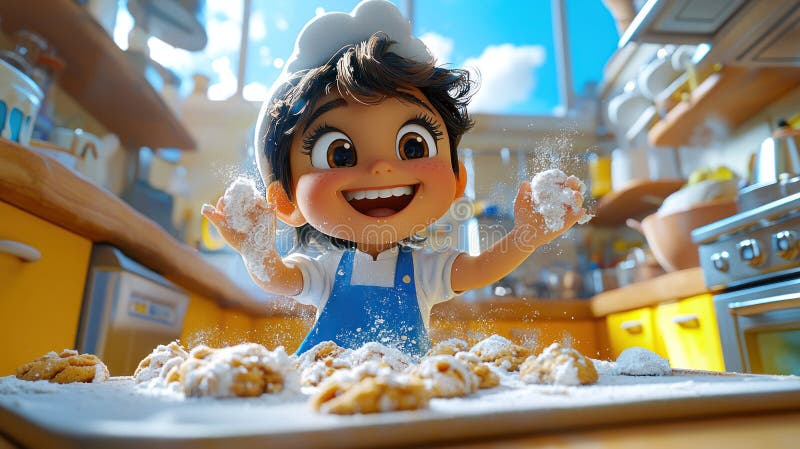 Cartoon Chef Kid Happily Decorates Cookies in Kitchen Stock ...