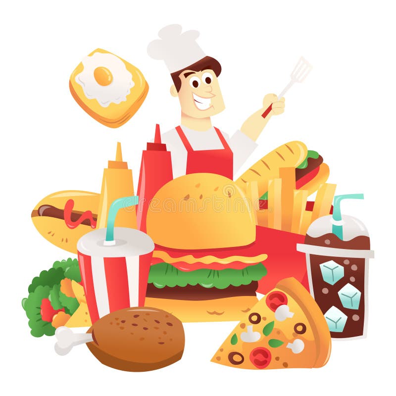 Cartoon Chef and a Pile of Fun Fast Food Stock Illustration ...