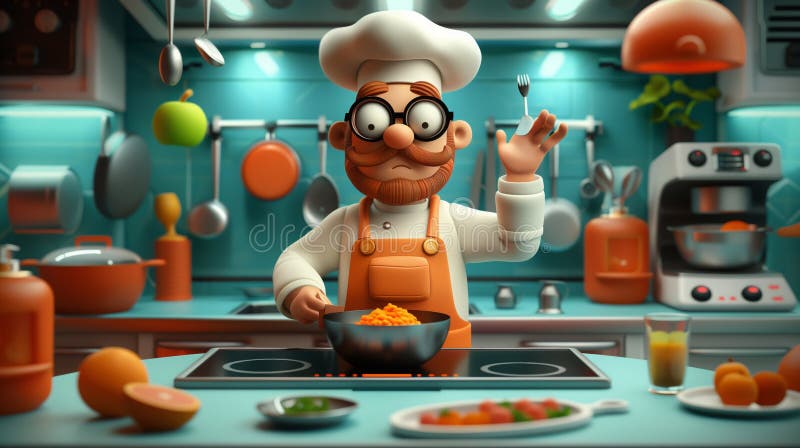 A Cartoon Chef Prepares Food in a Spaceship Kitchen, Floating in Zero ...