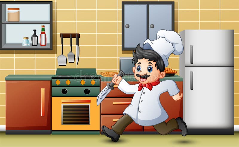 Cartoon Chef Running with a Knife in the Kitchen Stock Vector ...