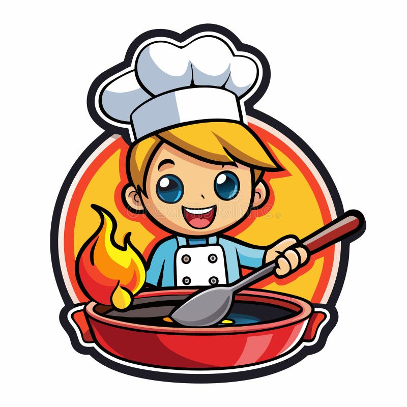 Cartoon Chef Smiles, Stirs Food in a Red Pan Over a Flame Stock ...