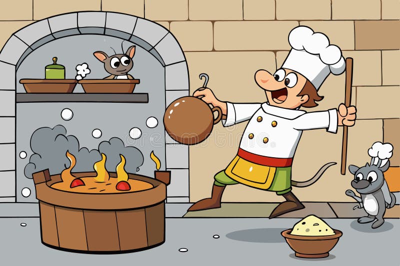 Cartoon Chef Stirring a Large Pot in a Castle Kitchen, Surrounded by ...