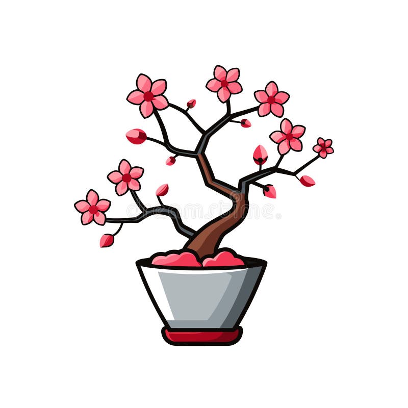 Cartoon Cherry Blossom Bonsai Tree in Pot Stock Illustration ...
