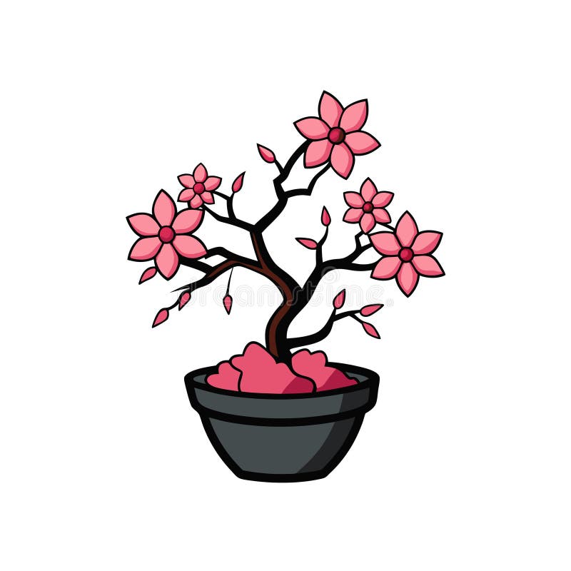 Cartoon Cherry Blossom Bonsai Tree in Pot Stock Illustration ...