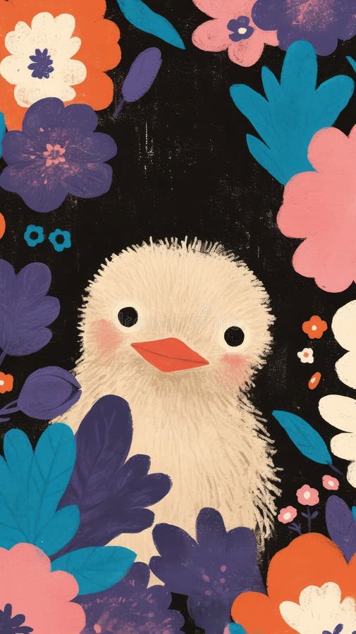 Cartoon Chick Surrounded by Colorful Flowers, Peeking with Curiosity ...