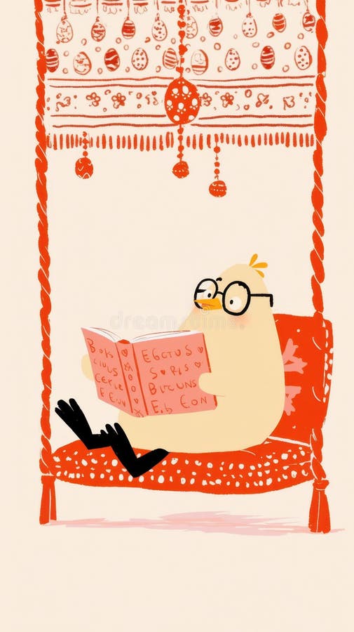 Cartoon Chick Wearing Glasses Enjoys Reading Book on Swing Stock ...