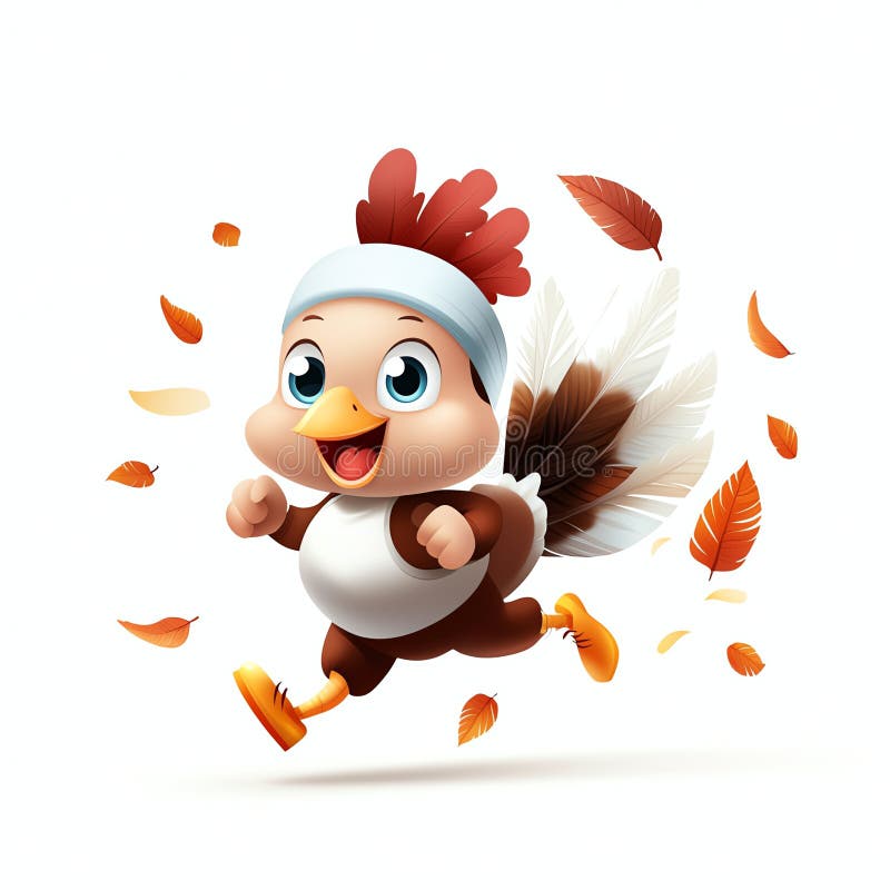 Cartoon Chicken Character Joyfully Running with Autumn Leaves on a ...